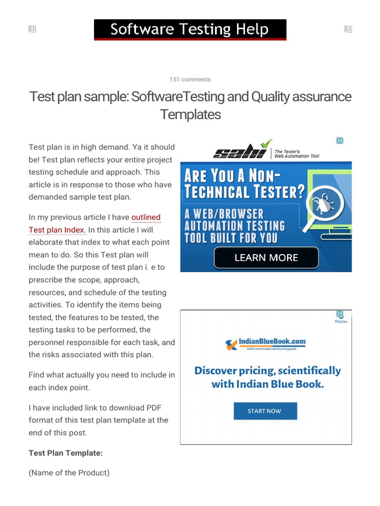 Test Plan Sample: Softwaretesting and Quality Assurance Templates | PDF ...