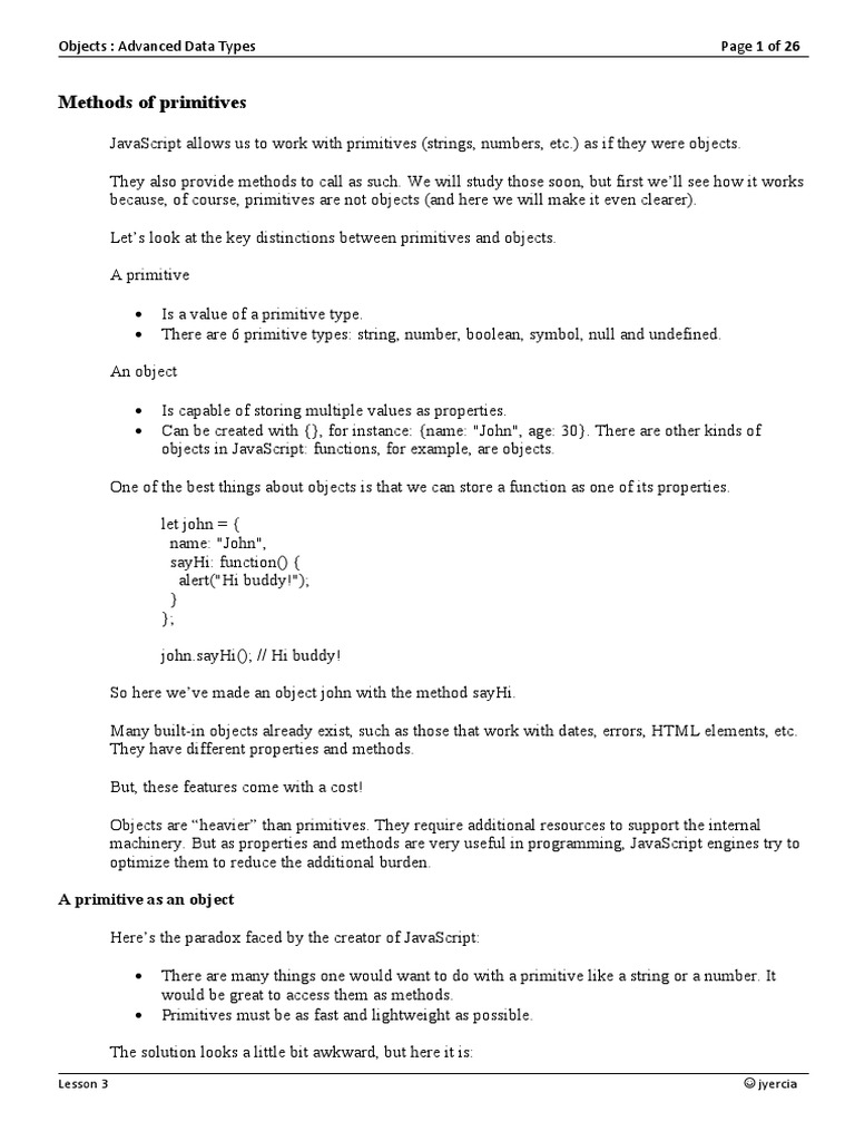 Methods of Primitives: Objects: Advanced Data Types Page 1 of 26 | PDF ...