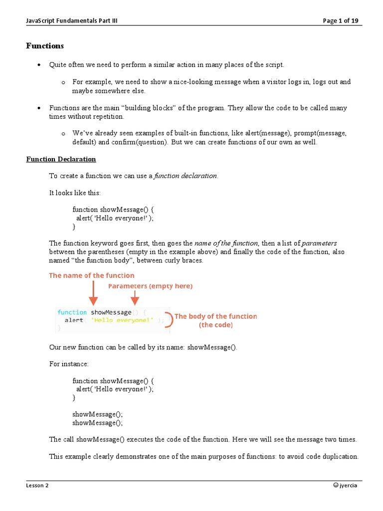 Lesson 2 JavaScript Fundamentals Part 3 | PDF | Parameter (Computer Programming) | Subroutine