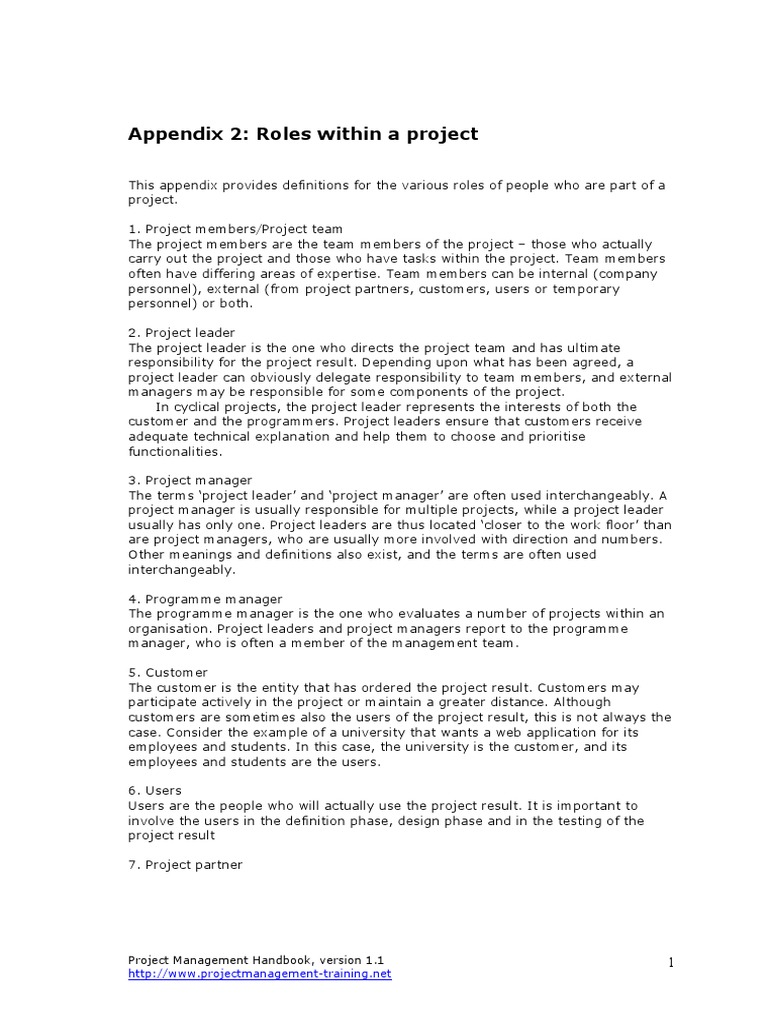 Appendix 2: Roles Within A Project: Project Management Handbook ...