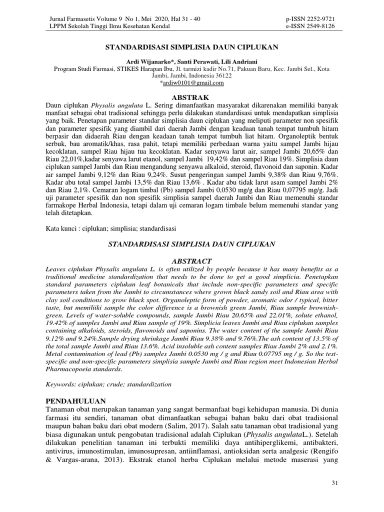 Standardisasi Simplisia Daun Ciplukan | PDF | Kesehatan Holistik