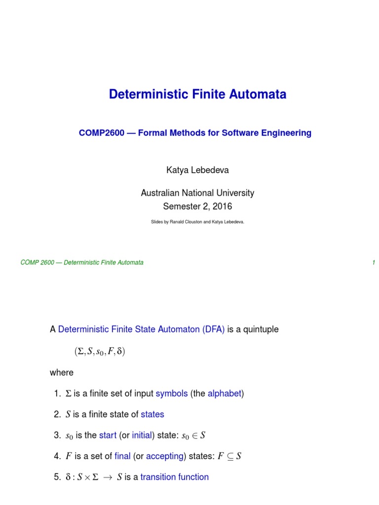 Deterministic Finite Automata: COMP2600 - Formal Methods For Software Engineering | PDF | Formal ...