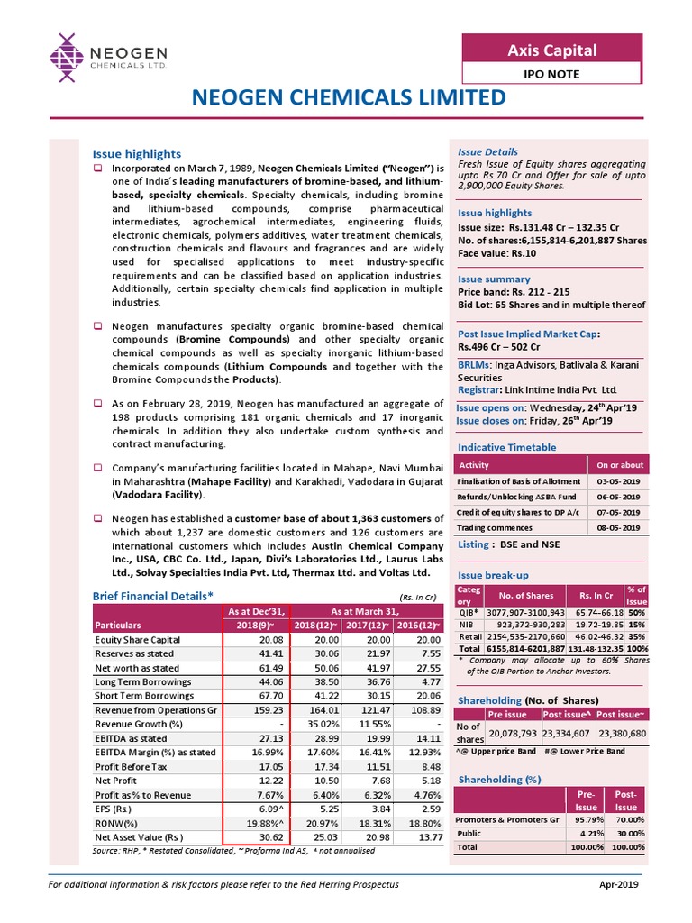 Neogen Chemicals LTD - IPO Note - Apr'19 | PDF | Fine Chemical ...