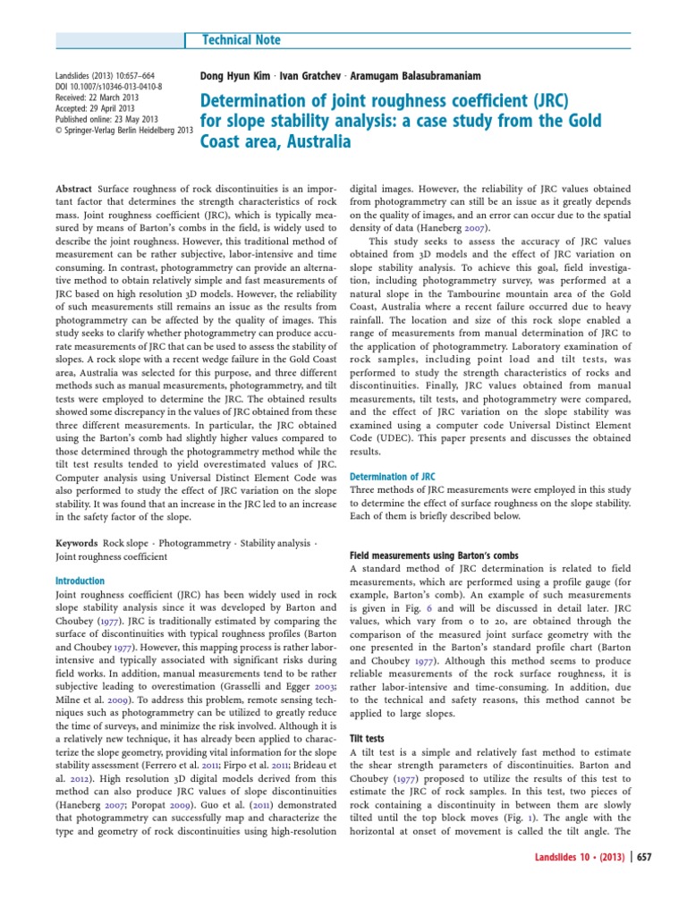 Determination of Joint Roughness Coefficient (JRC) For Slope Stability ...