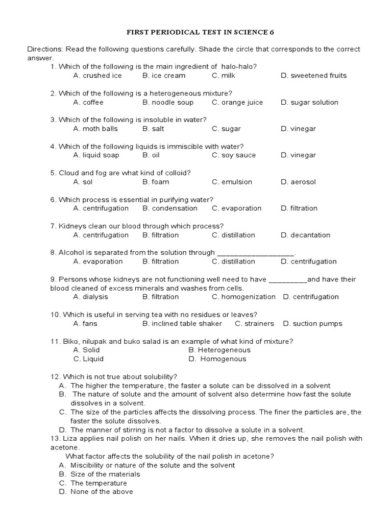 Science 6 First Periodical Test Guide | PDF | Suspension (Chemistry ...
