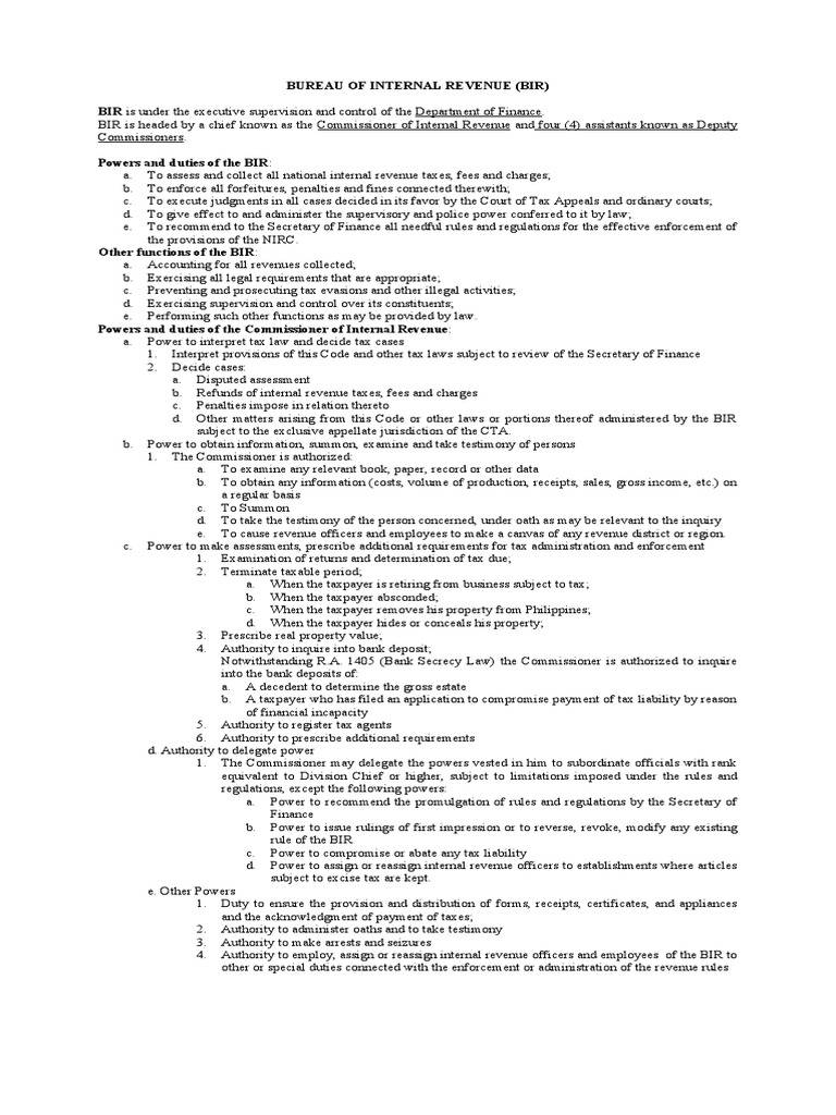 Bureau of Internal Revenue (Bir) BIR Is Under The Executive Supervision ...