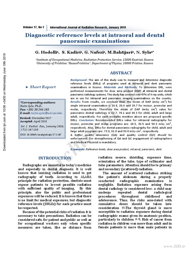 Archive of SID: Diagnostic Reference Levels at Intraoral and Dental ...