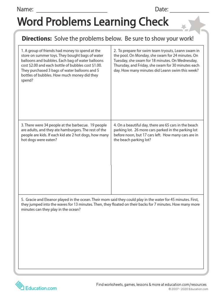 Word Problems Learning Check: Directions: Solve The Problems Below. Be ...