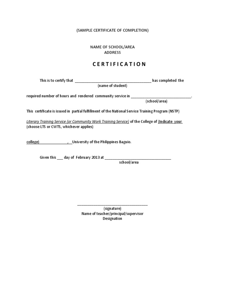 03NSTP Sample Certificate of Completion | PDF