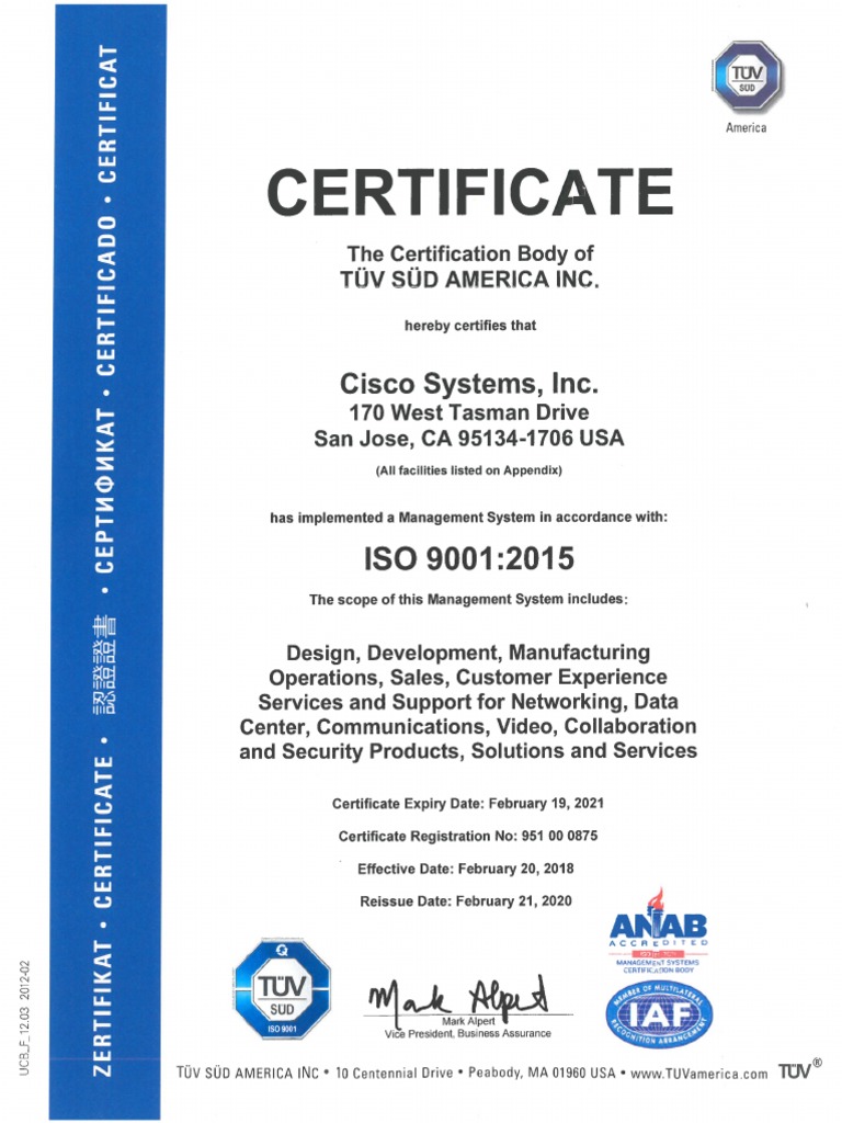 Cisco - ISO 9001 2008 Web Certificate | PDF