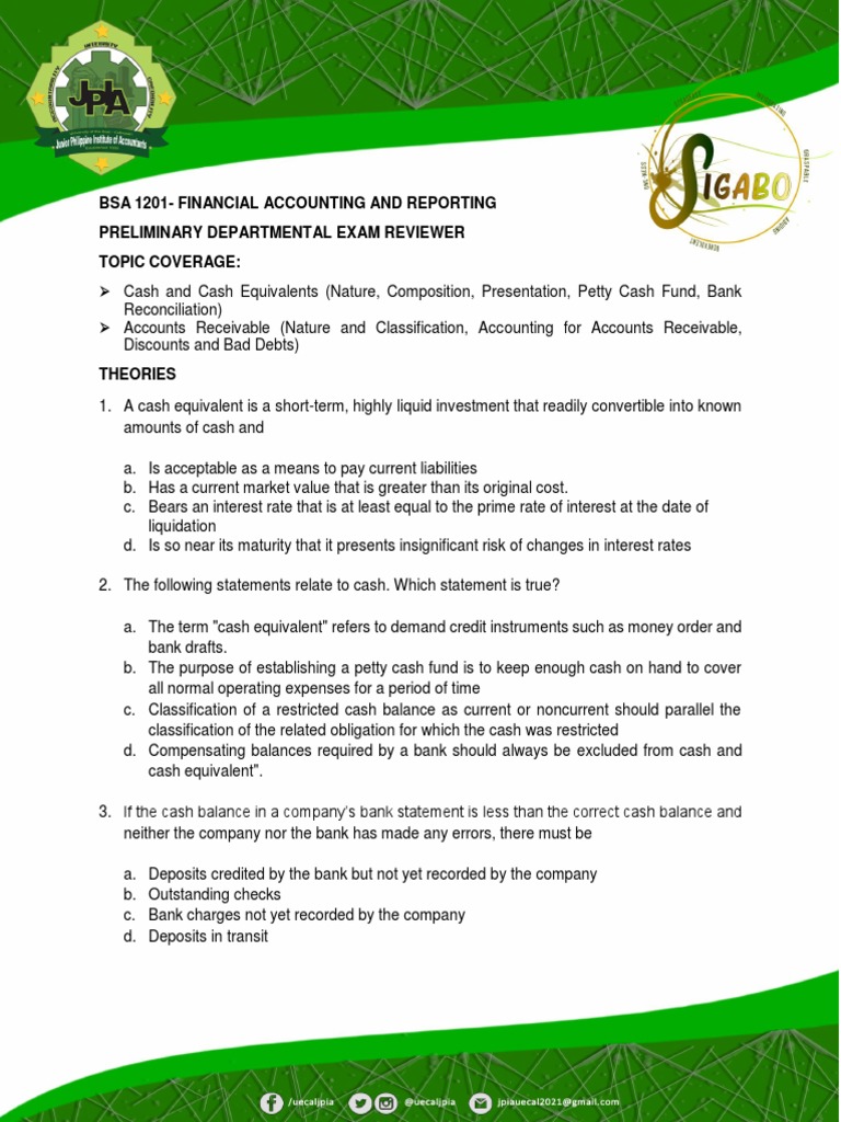 Bsa 1201-Financial Accounting and Reporting Preliminary Departmental Exam Reviewer Topic ...