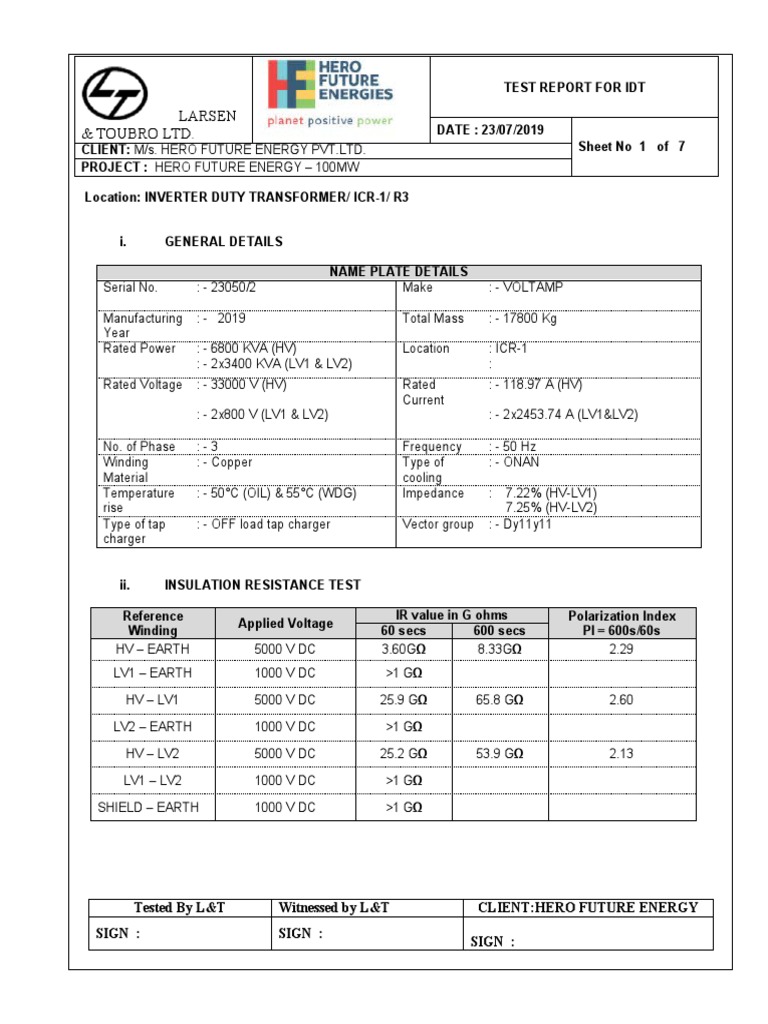Inverter Duty Transformer Test Report | PDF | Transformer | Quantity