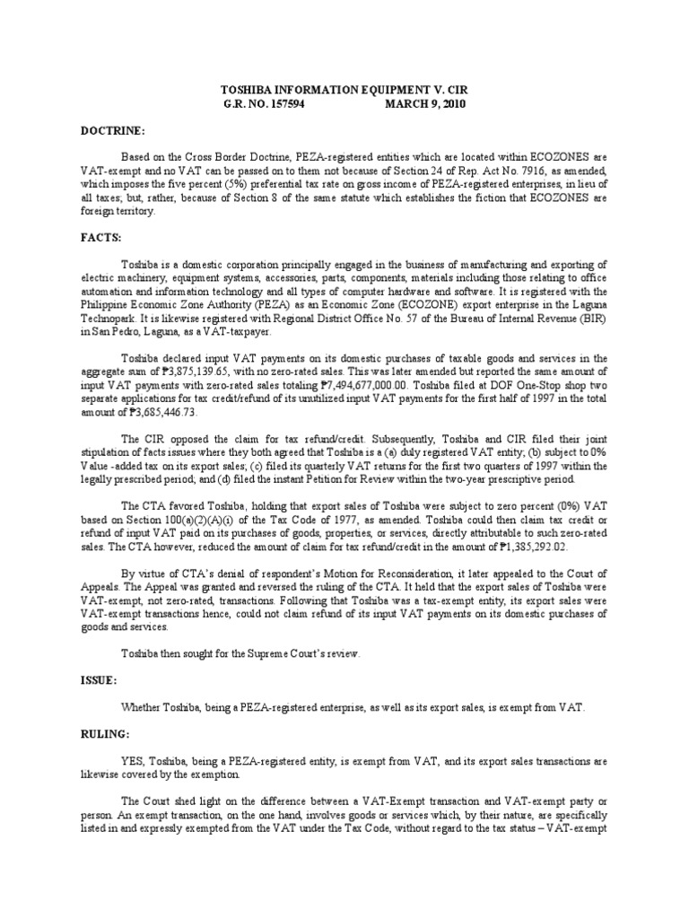 Toshiba Information Equipment VS Cir | PDF | Value Added Tax | Tax Exemption