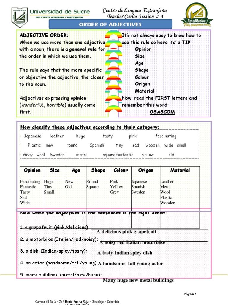 Adjective Order Guide for ESL Students | PDF | Adjective | Human ...