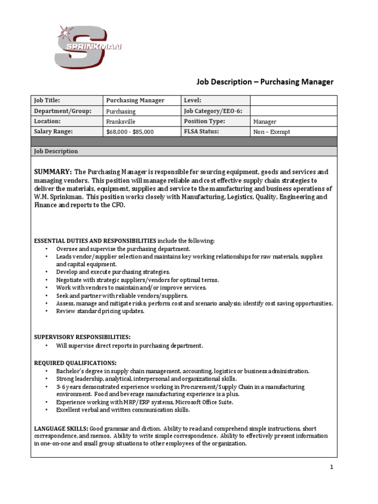 Job Description - Purchasing Manager: Summary | PDF | Supply Chain ...