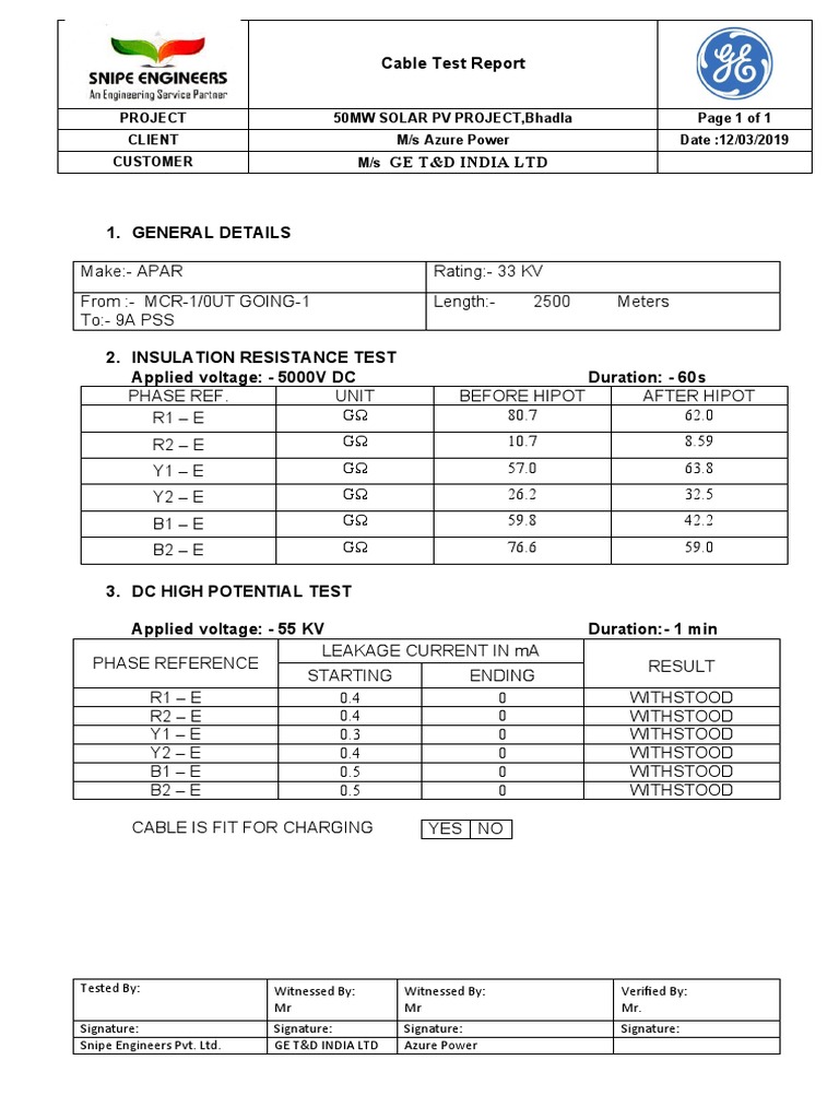 Cable Test Report | PDF | Electric Power | Electrical Components