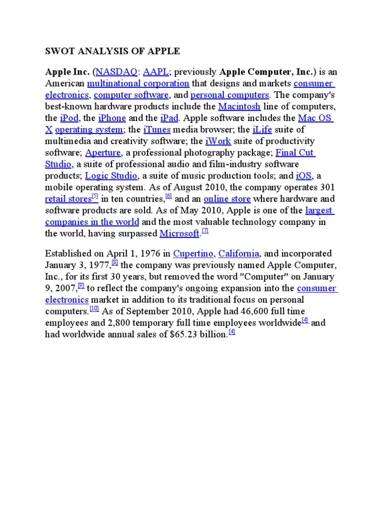 Swot Analysis of Apple | PDF | Apple Inc. | I Pod