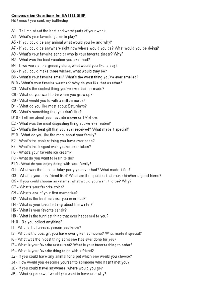 BATTLESHIP - Conversation Questions For Kids - Pre-Teens | PDF | Chess ...