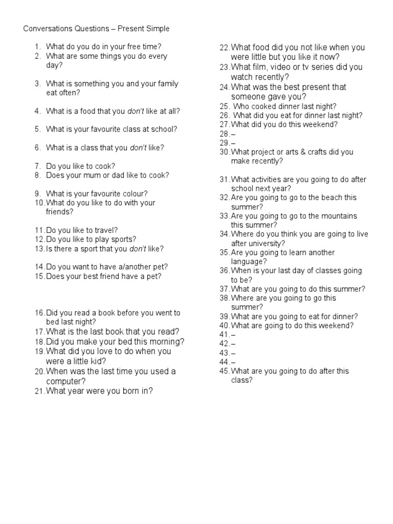 Conversations Questions - Present Simple Past Future Going To | PDF | Foods