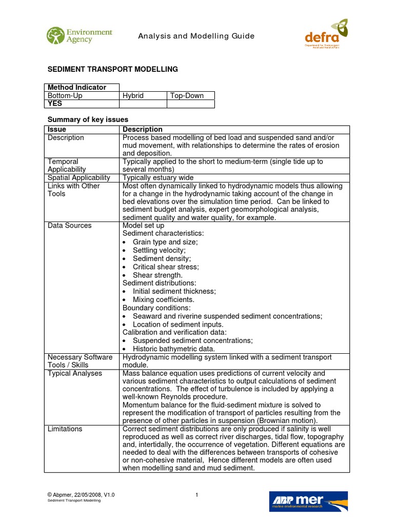 Analysis And Modelling Guide Sediment Transport Modelling Method Indicator Yes Summary Of Key