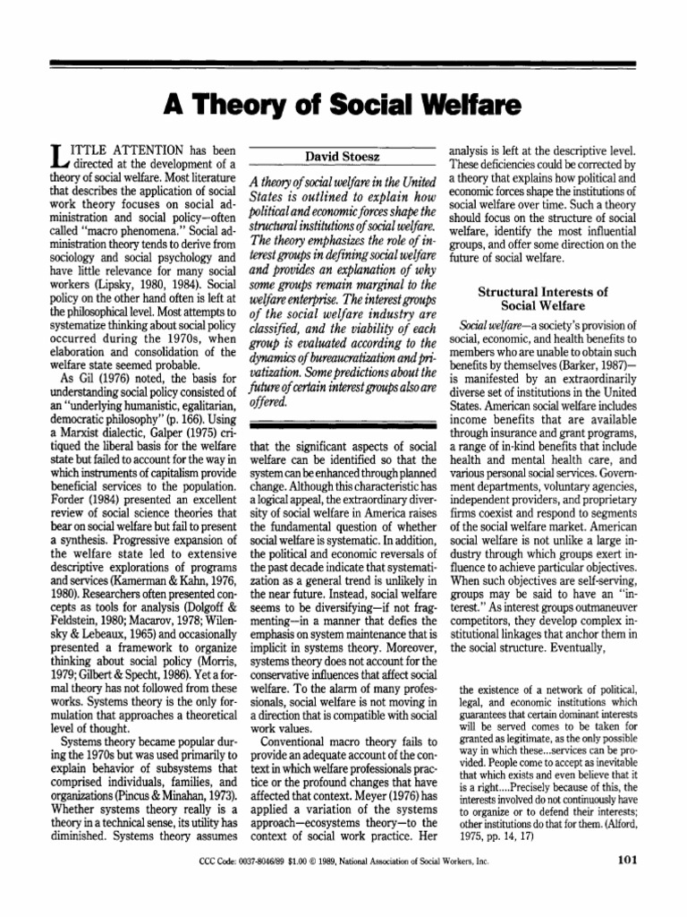 A Theory of Social Welfare: David Stoesz | PDF | Welfare State | Social ...