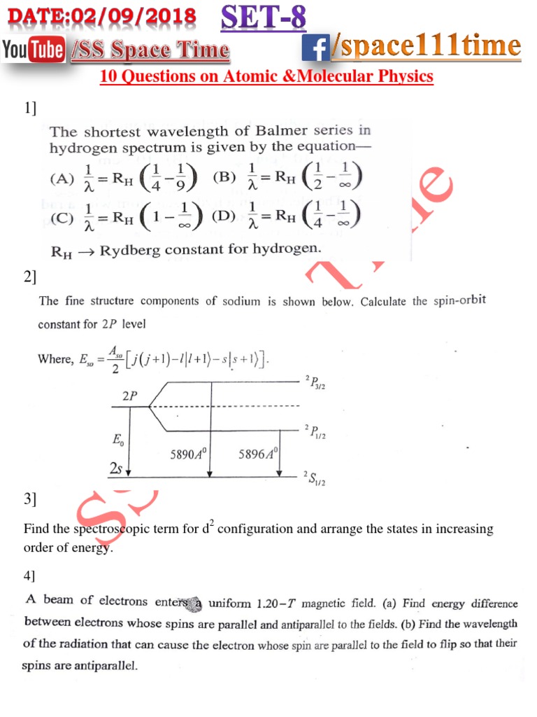 10 Questions On Atomic &molecular Physics | PDF