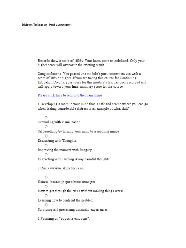 Distress Tolerance Post Assessment | PDF | Dialectical Behavior Therapy ...