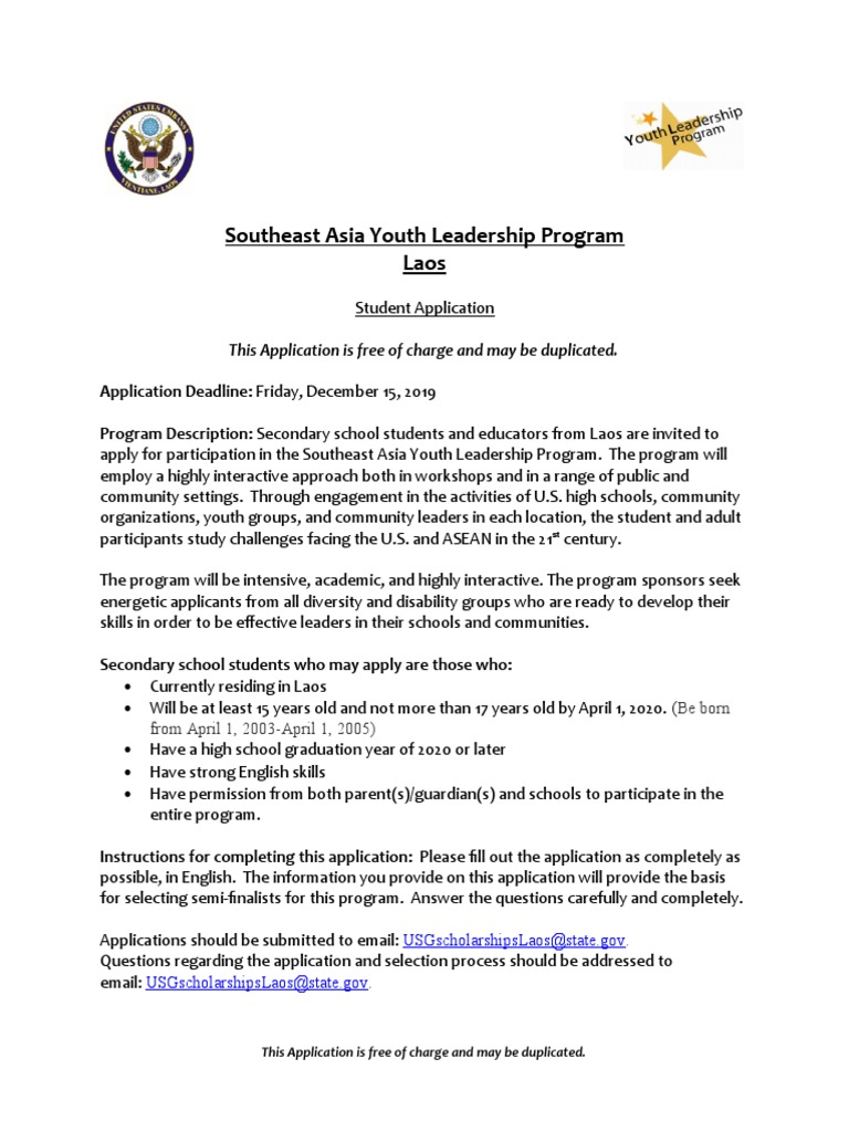 Southeast Asia Youth Leadership Program Laos: This Application Is Free of Charge and May Be ...