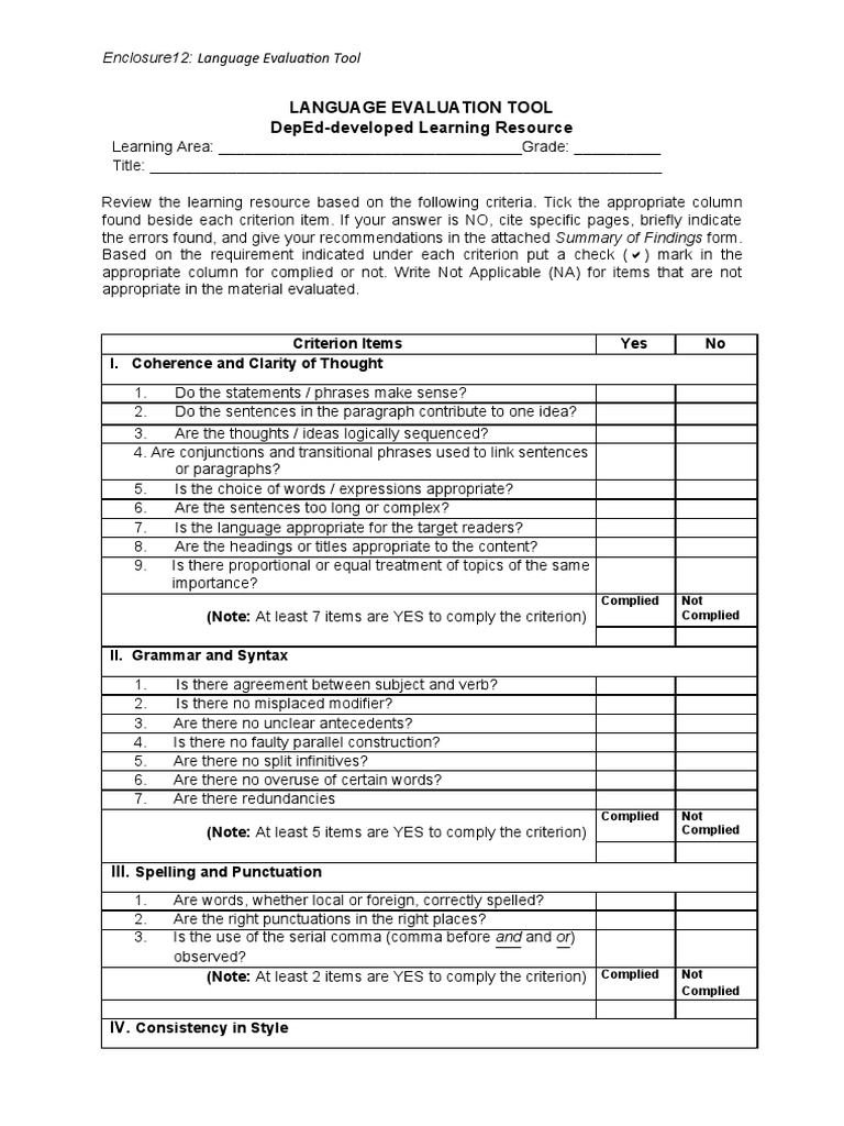 Language Evaluation Tool Deped-Developed Learning Resource | PDF | Word ...
