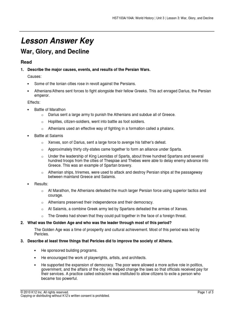 Lesson Answer Key: War, Glory, and Decline | PDF | Ancient Greece | Sparta