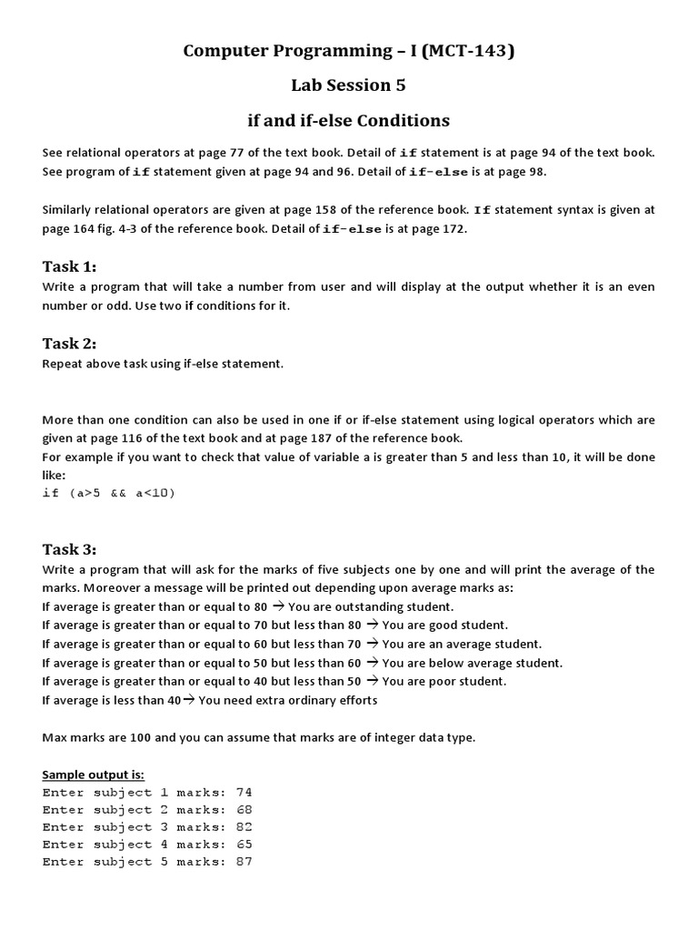 Computer Programming - I (MCT-143) Lab Session 5 If and If-Else ...