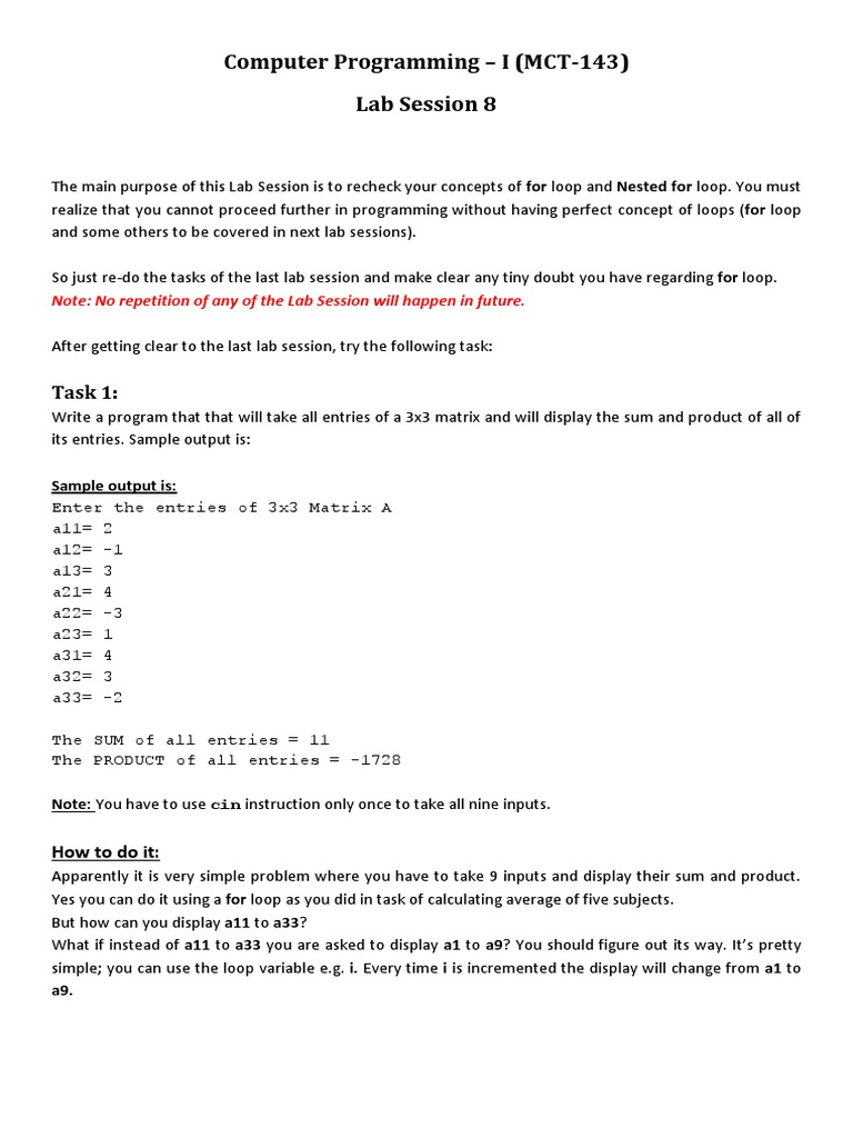 Computer Programming - I (MCT-143) Lab Session 8: Task 1 | PDF | Control Flow | Theoretical ...