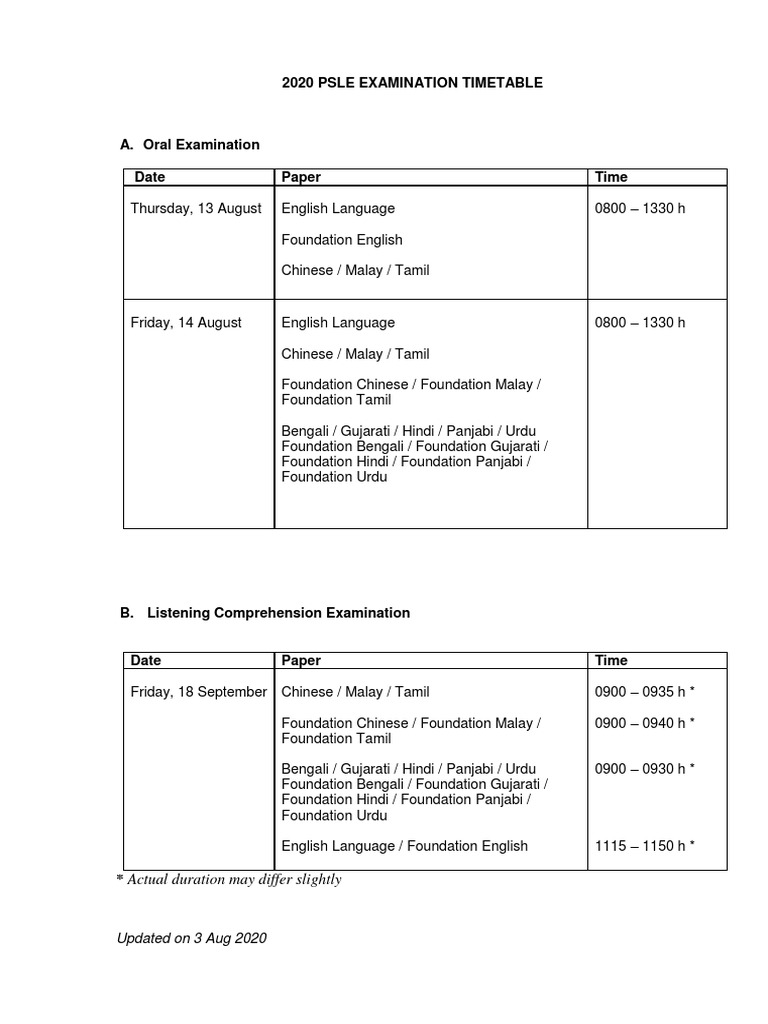2020 Psle Examination Timetable: Actual Duration May Differ Slightly ...