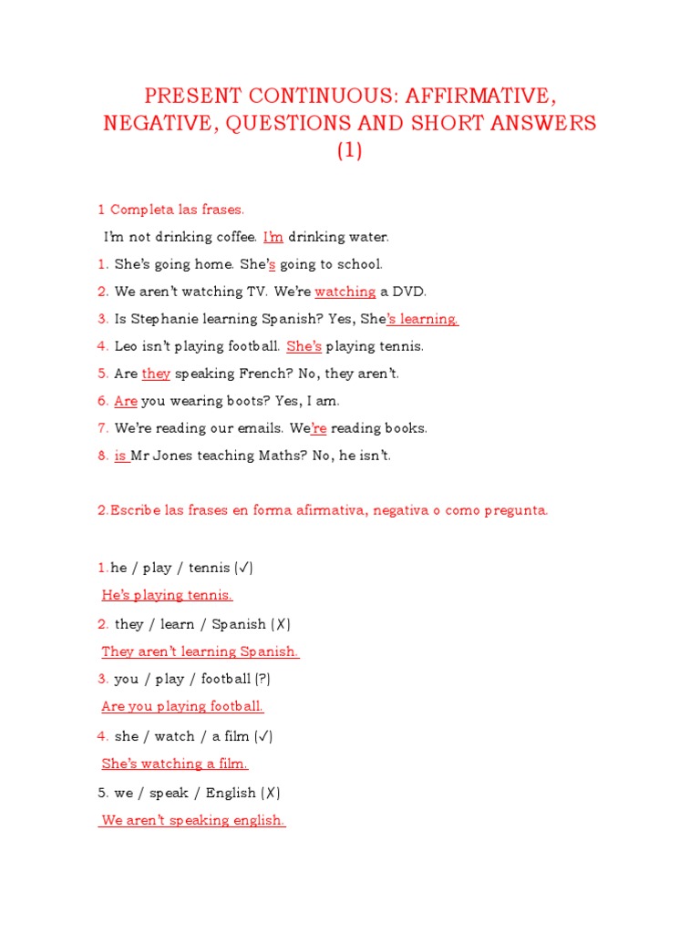 Present Continuous: Affirmative, Negative, Questions and Short Answers ...