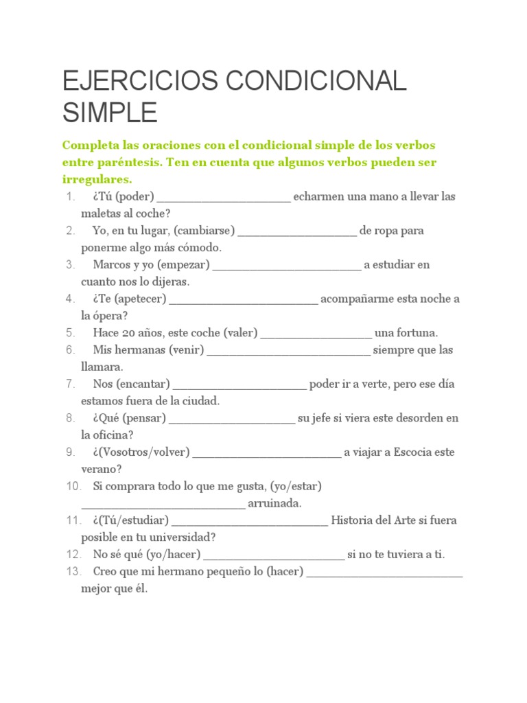 Ejercicios de Condicional Simple en Español | PDF | Artes del Lenguaje ...