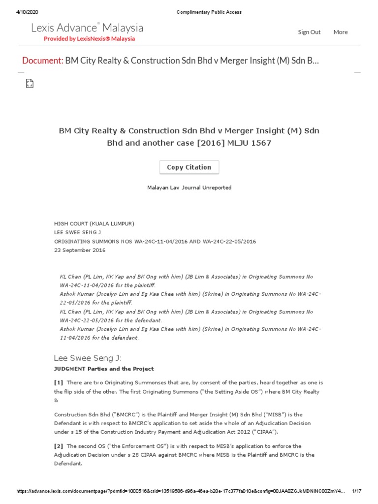 BM City Realty & Construction SDN BHD V Merger Insight (M) SDN BHD and ...