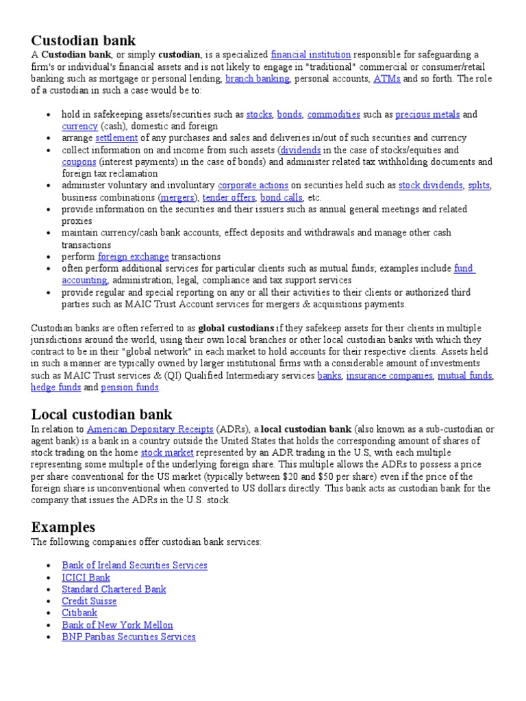 Custodian Banks Explained | PDF | Individual Retirement Account ...