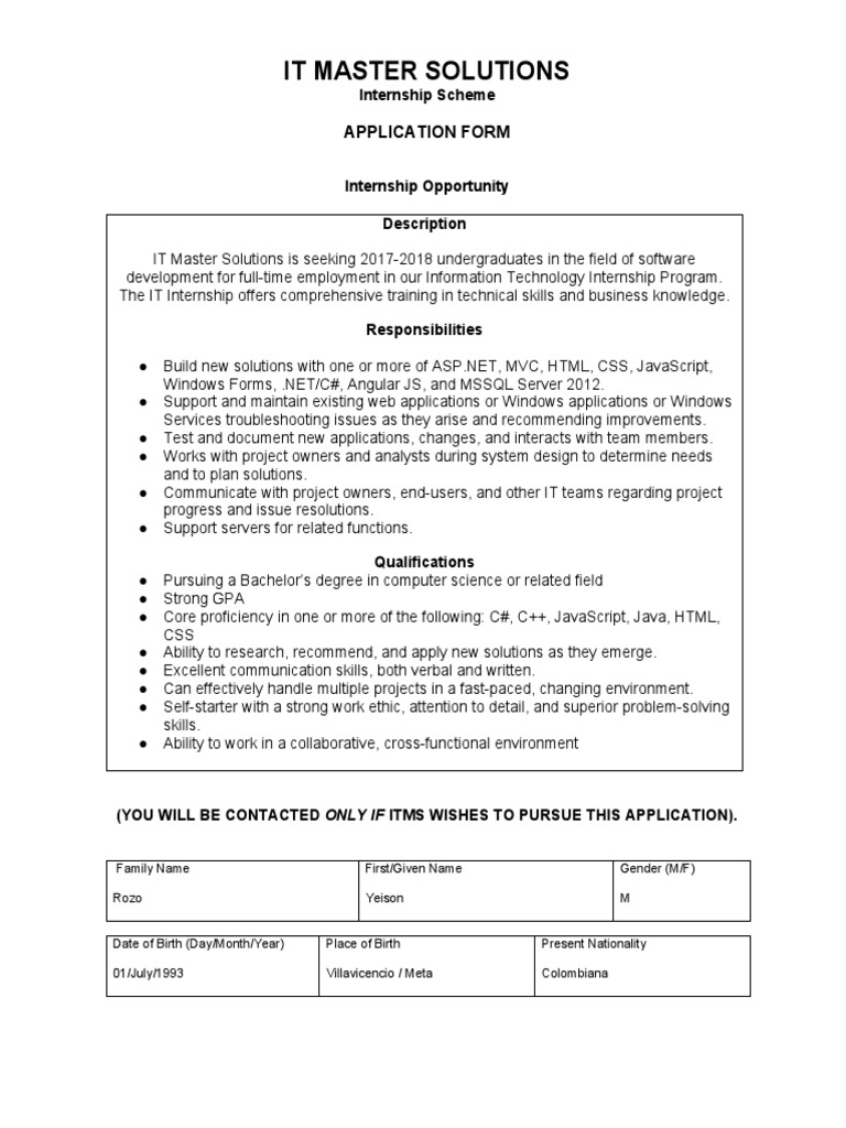 IT Master Solutions 2017-2018 Undergraduate Internship Application for Software Development ...