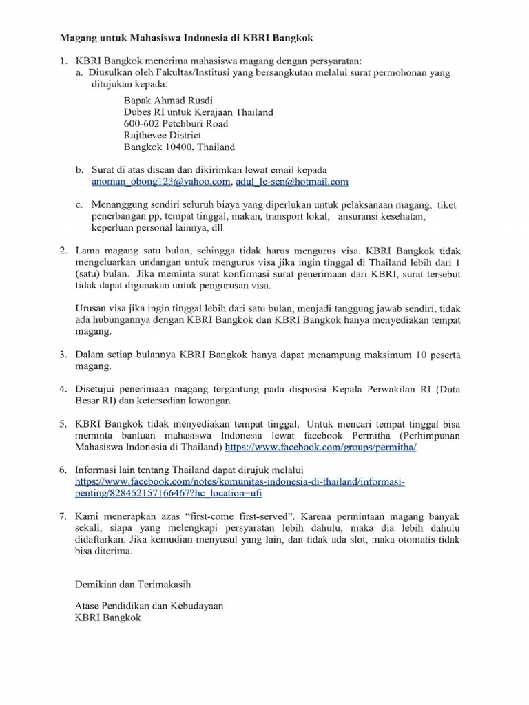 Prosedur Dan Persyaratan Magang Di Kbri Bangkok | PDF