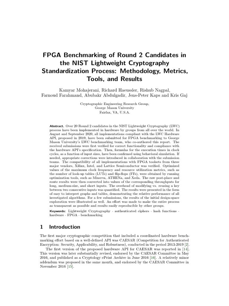 LWC Benchmarking 2020 Phase 1 | PDF | Field Programmable Gate Array | Cryptography