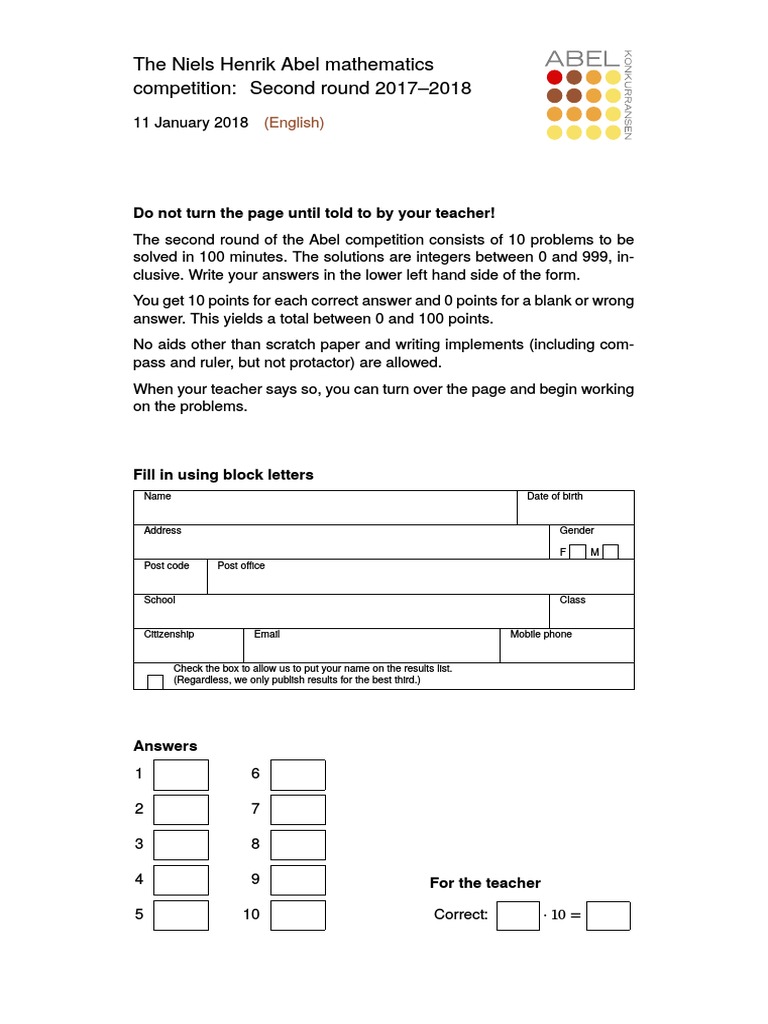 The Niels Henrik Abel Mathematics Competition: Second Round 2017-2018 ...
