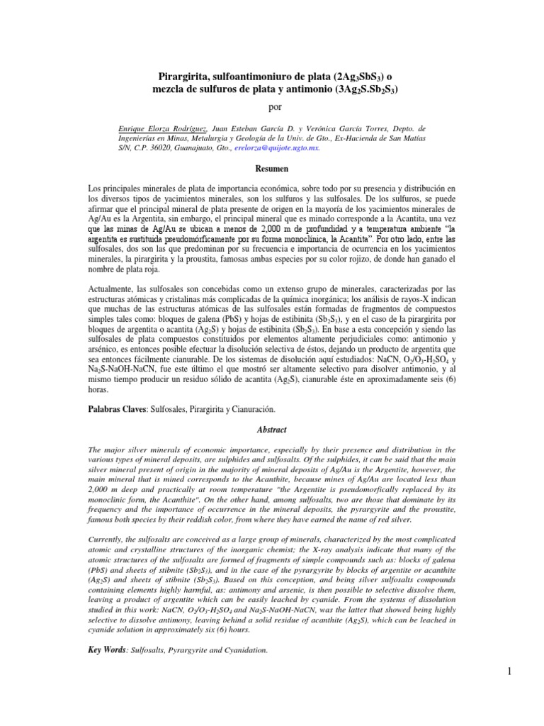 Sulfosales de Plata: Pirargirita y Cianuración | PDF | Plata | Minerales
