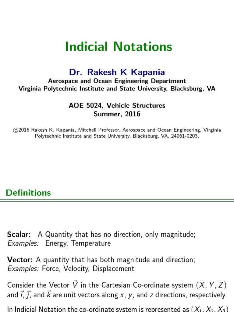 Indicial Notations - Rakesh Kapania | PDF | Gradient | Euclidean Vector