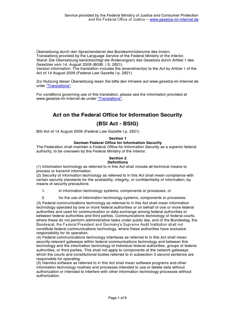 Act On The Federal Office For Information Security (Bsi Act - Bsig ...
