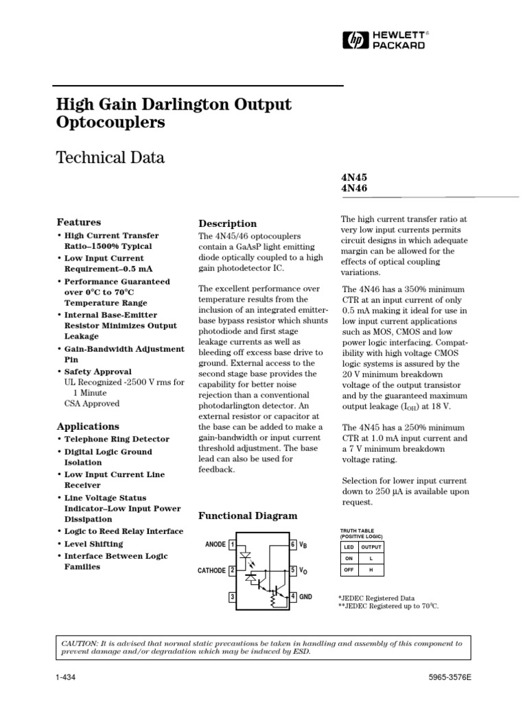 High Gain Darlington Output Optocouplers: Technical Data | PDF | Cmos ...
