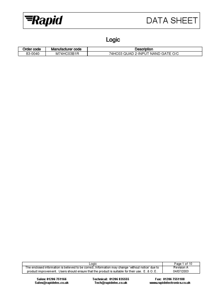 Data Sheet: Logic Logic Logic Logic | PDF | Logic Gate | Cmos