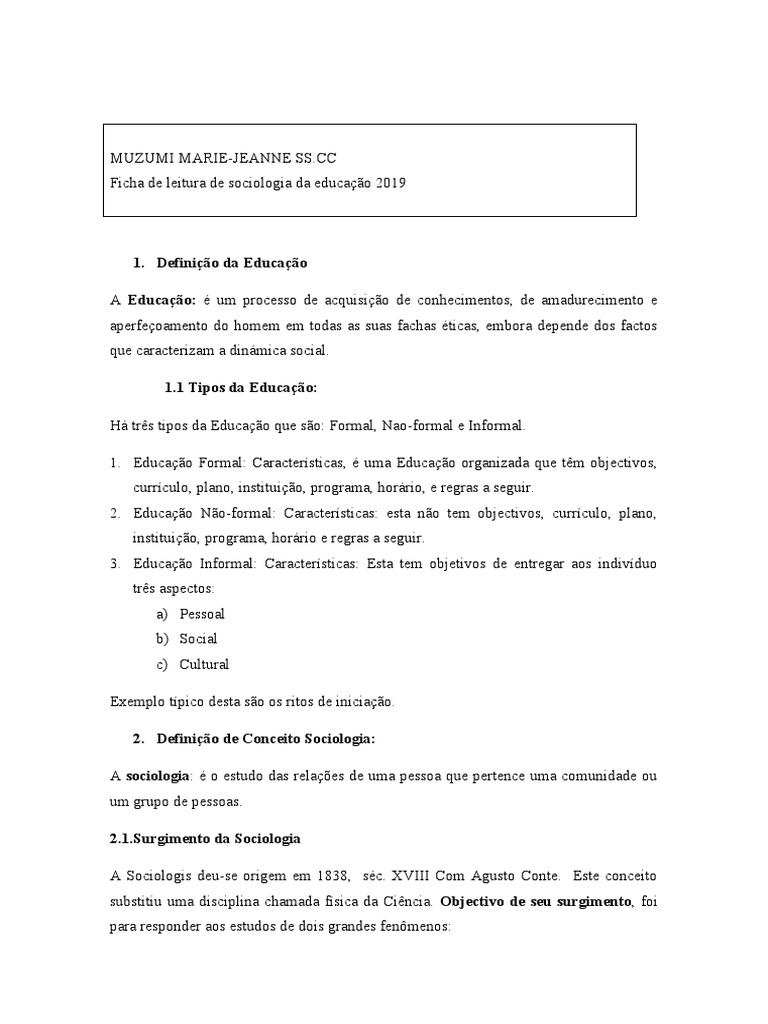 Ficha De Leitura De Sociologia Da Educação 2019 Pdf Sociologia