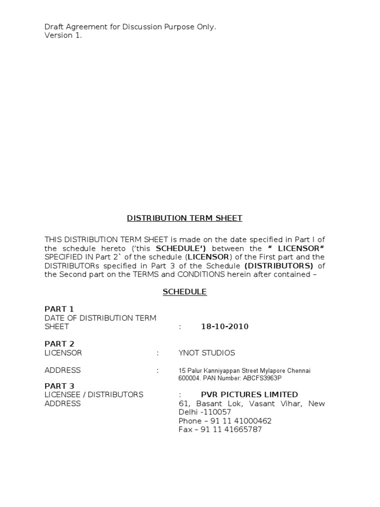 Draft Agreement - DISTRIBUTION TERM SHEET | PDF | Arbitration | License
