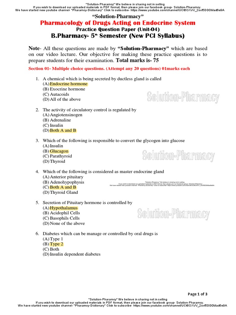 Unit 04 - Pharmacology of Endocrine System With Answer | PDF ...