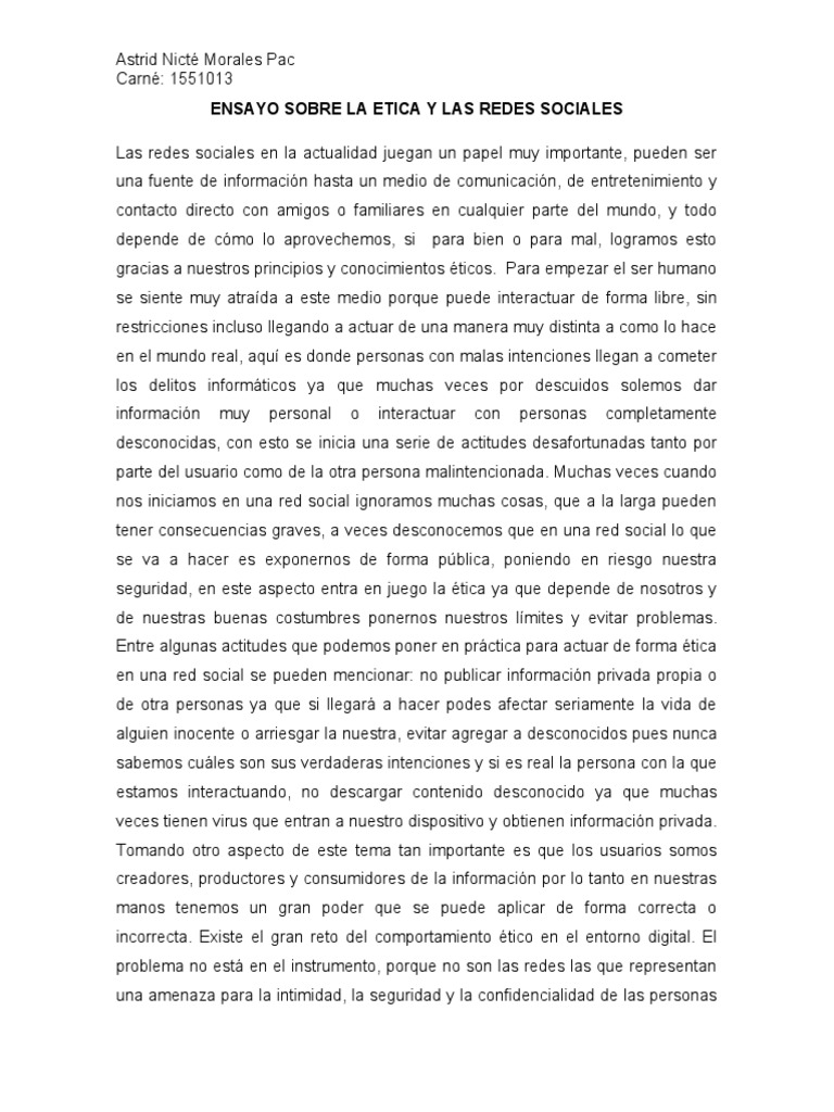 Ensayo Sobre La Etica y Las Redes Sociales | PDF | Servicio de redes ...